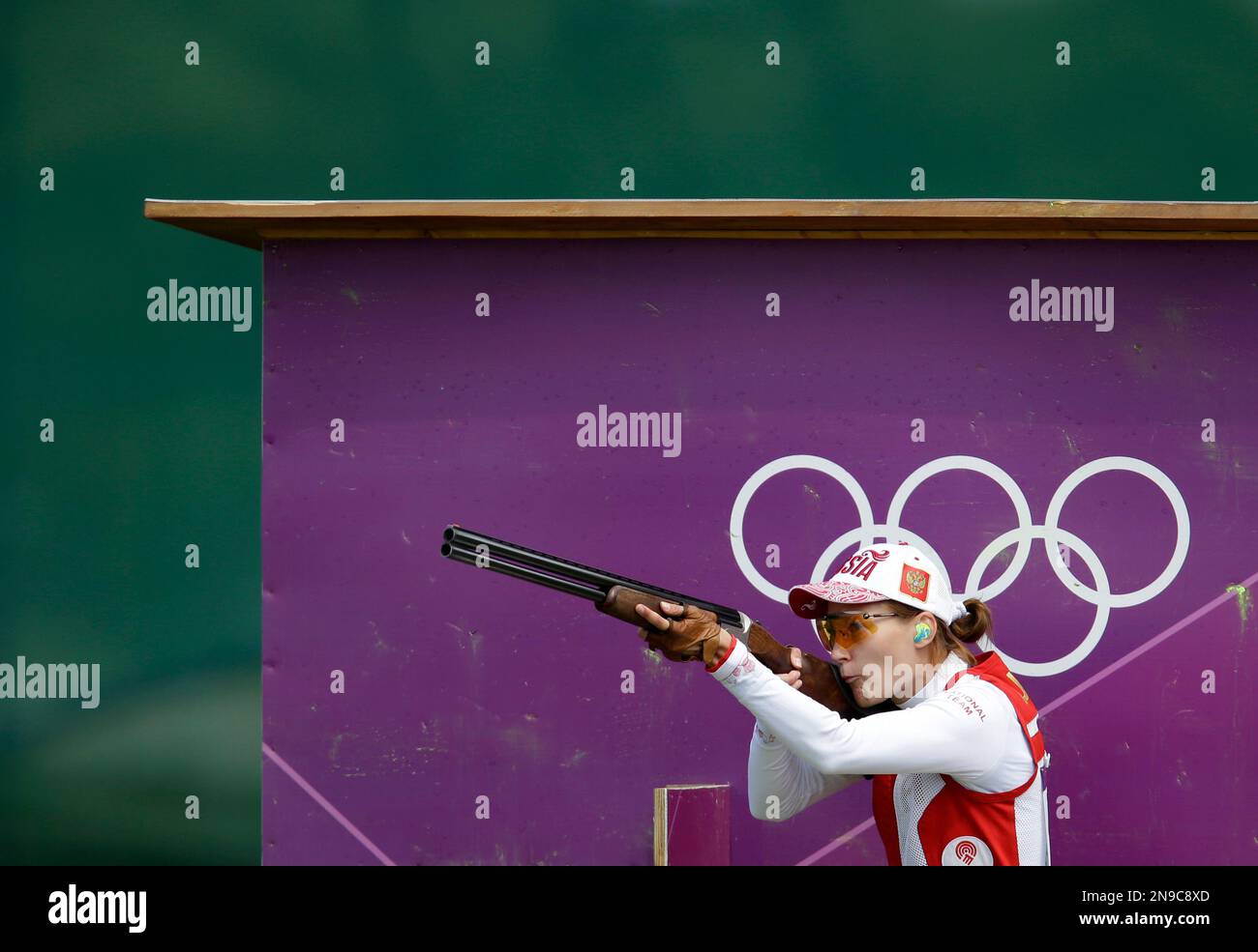 Russia's Marina Belikova shoots during the women's skeet final at the ...