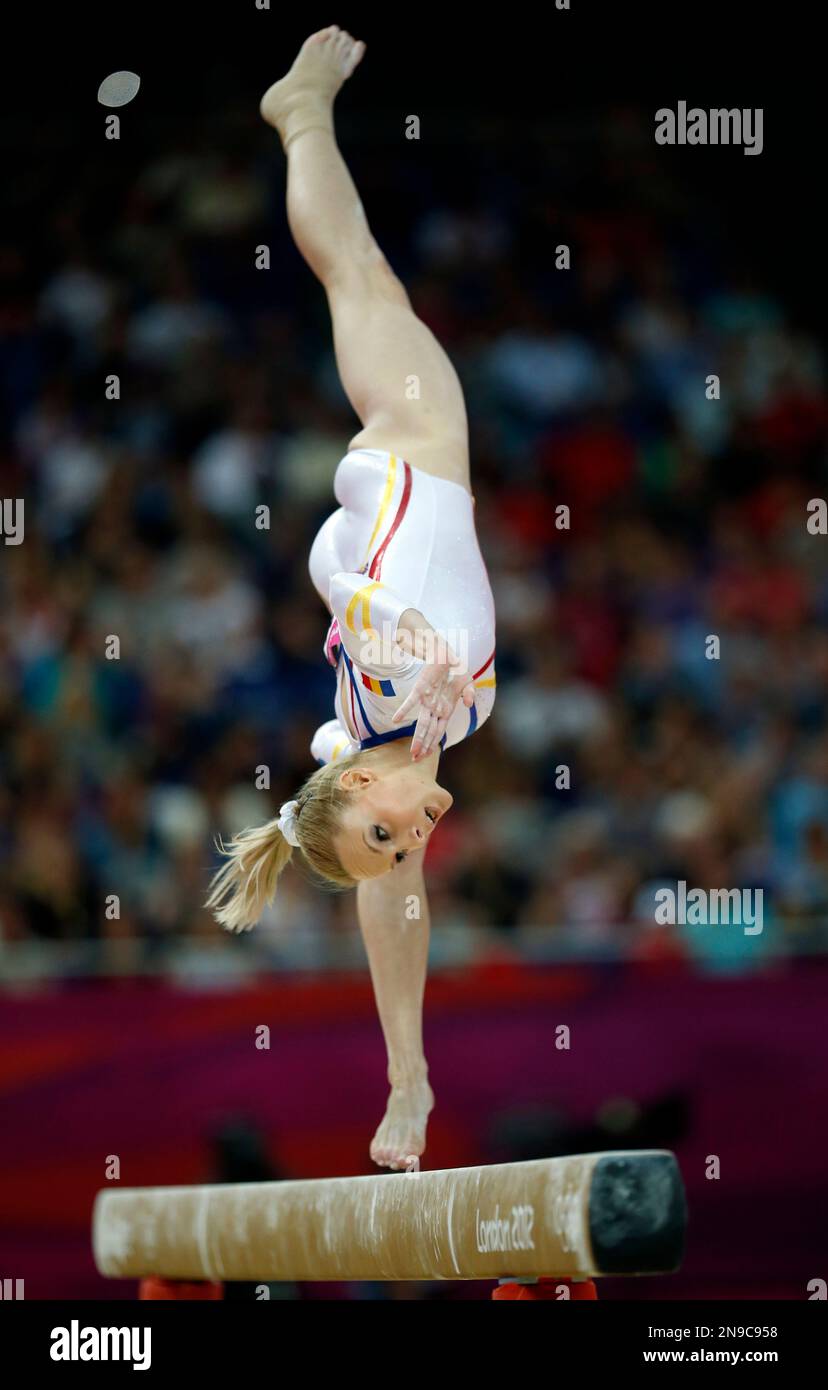 Romania's gymnast Sandra Raluca Izbasa performs on the balance beam ...