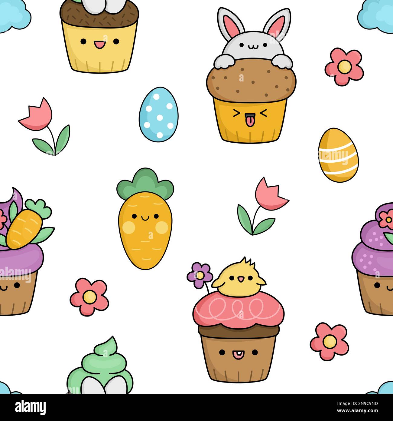 Vector kawaii Easter seamless pattern for kids with funny cupcakes ...