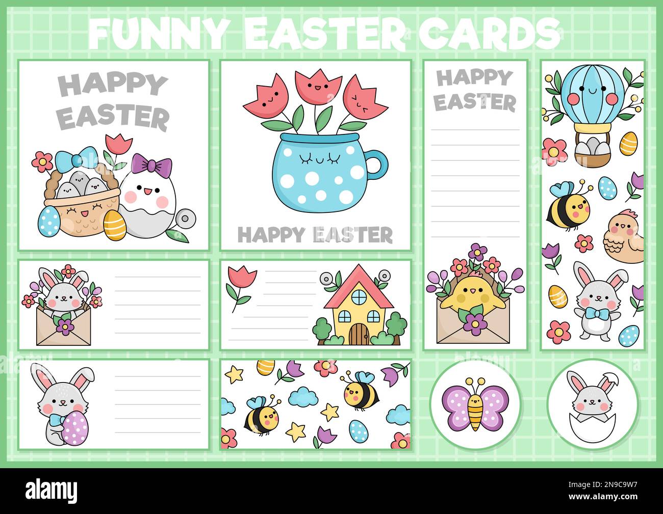 Cute Easter cards set with bunny, flowers, chick. Vector spring holiday ...