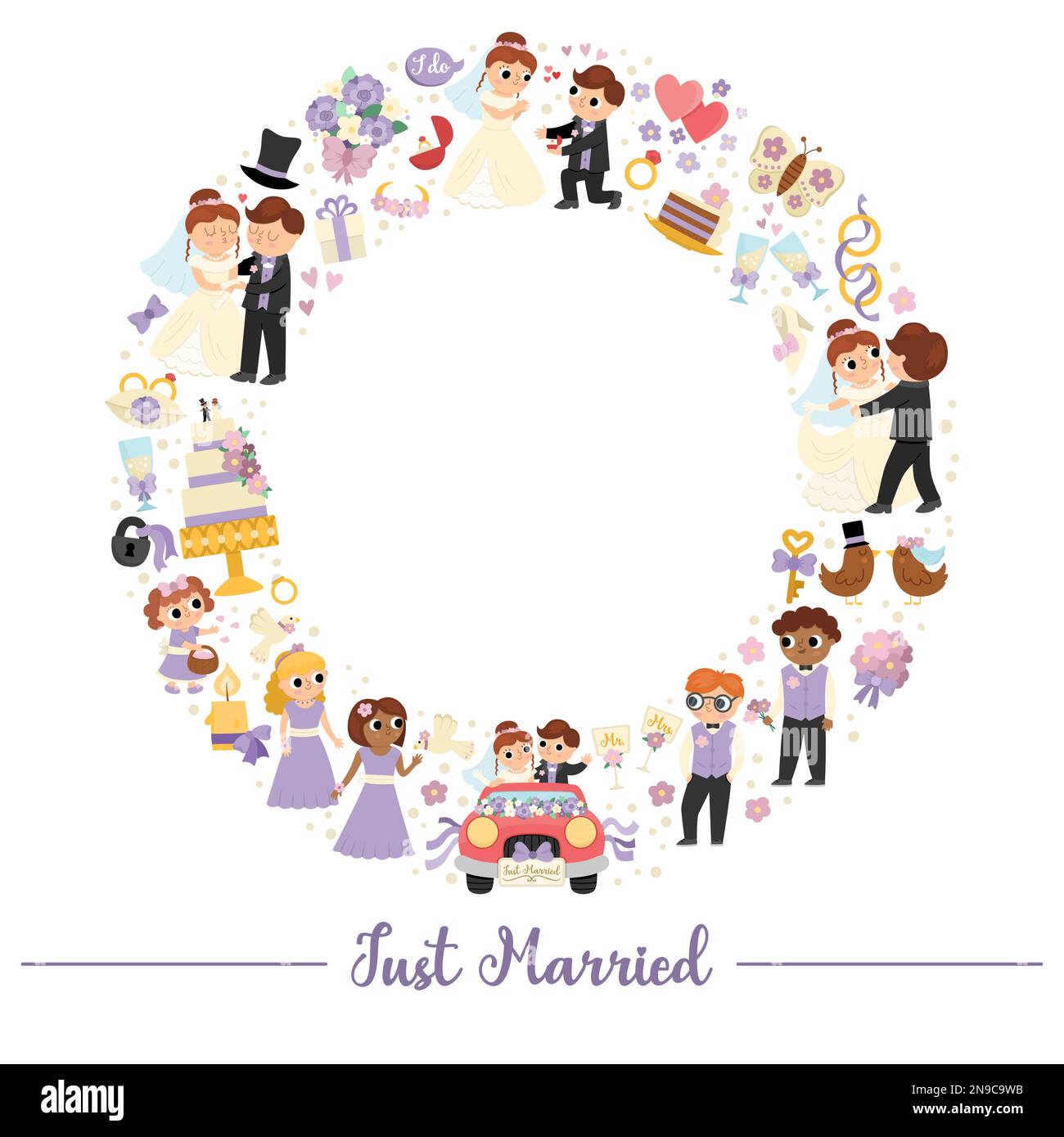 Vector wedding round frame with just married couple. Marriage ceremony ...