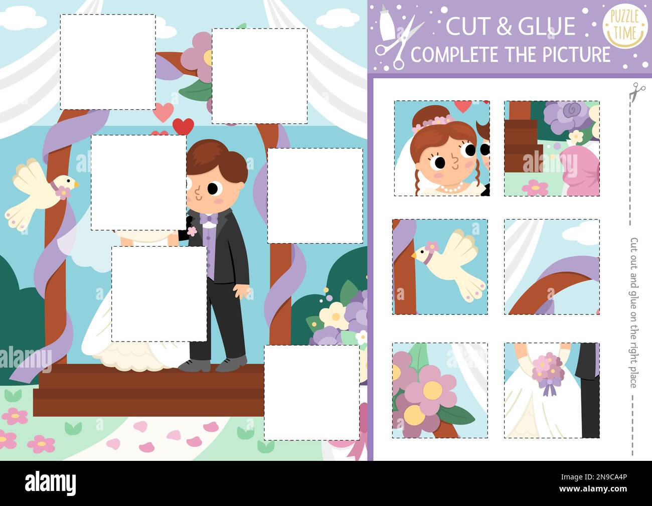 Vector wedding cut and glue activity. Crafting game with marriage scene ...