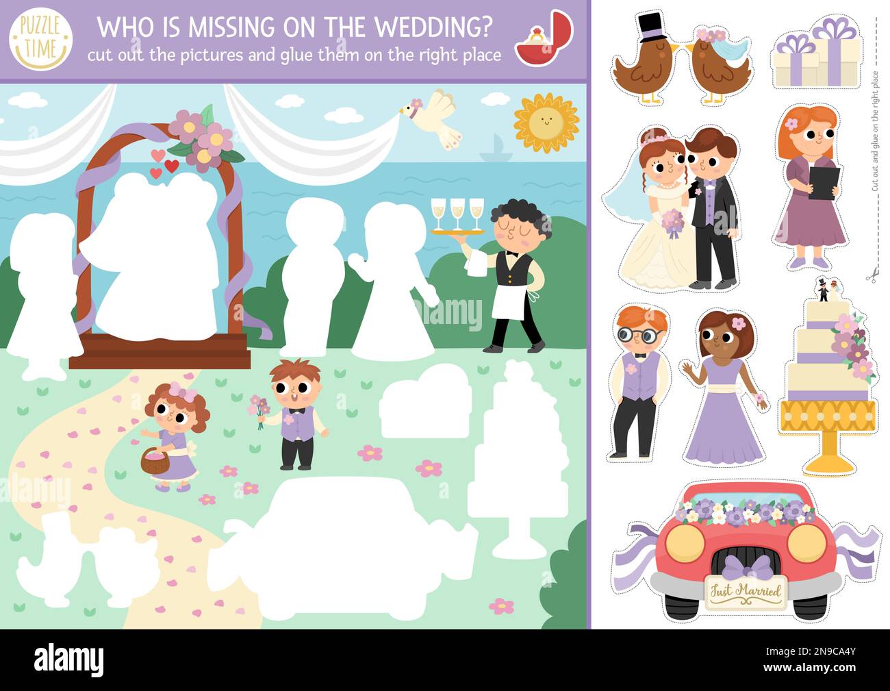 Vector wedding cut and glue activity. Crafting game with marriage ...