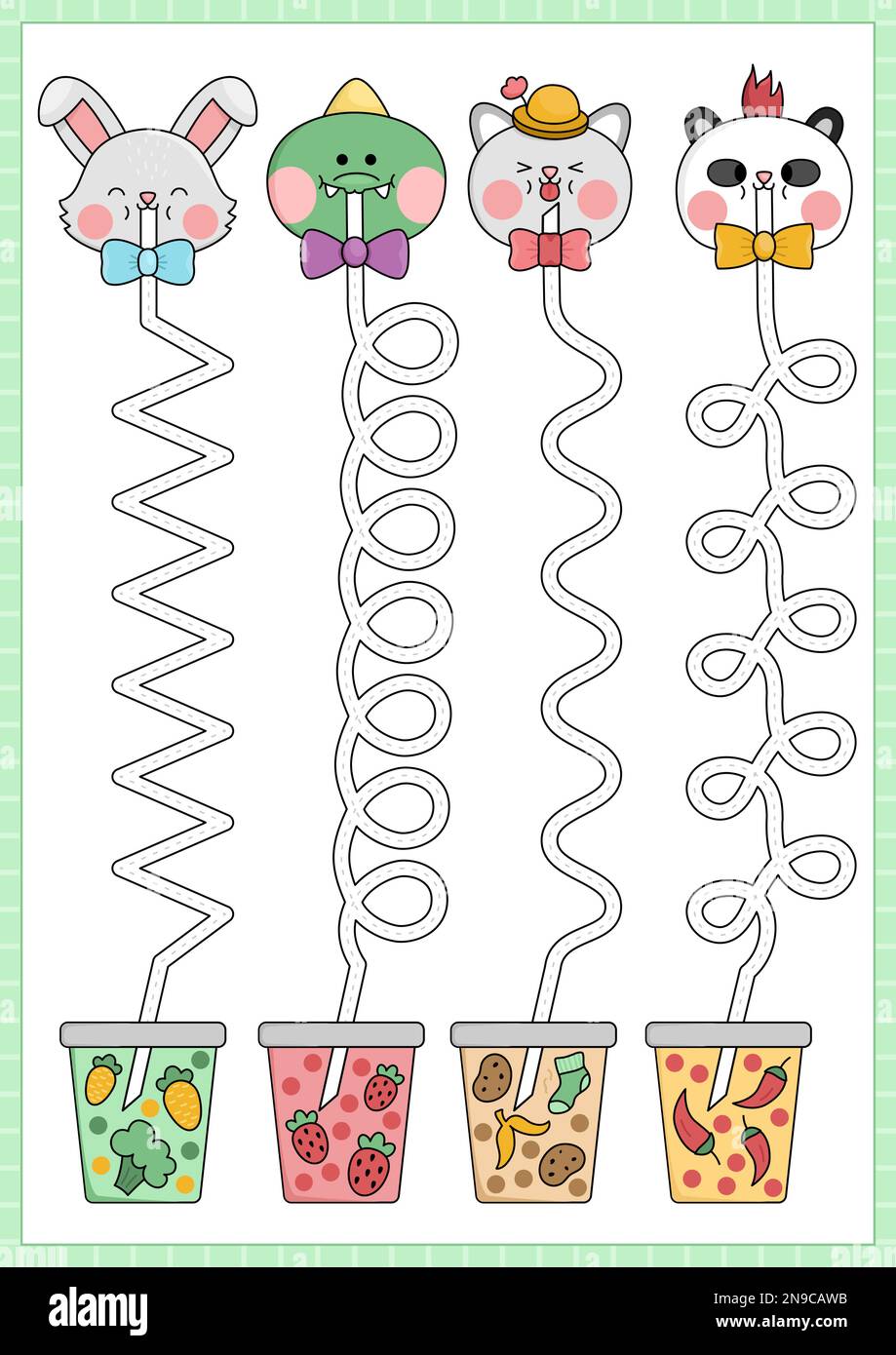 Vector handwriting practice worksheet with cute kawaii animals drinking ...