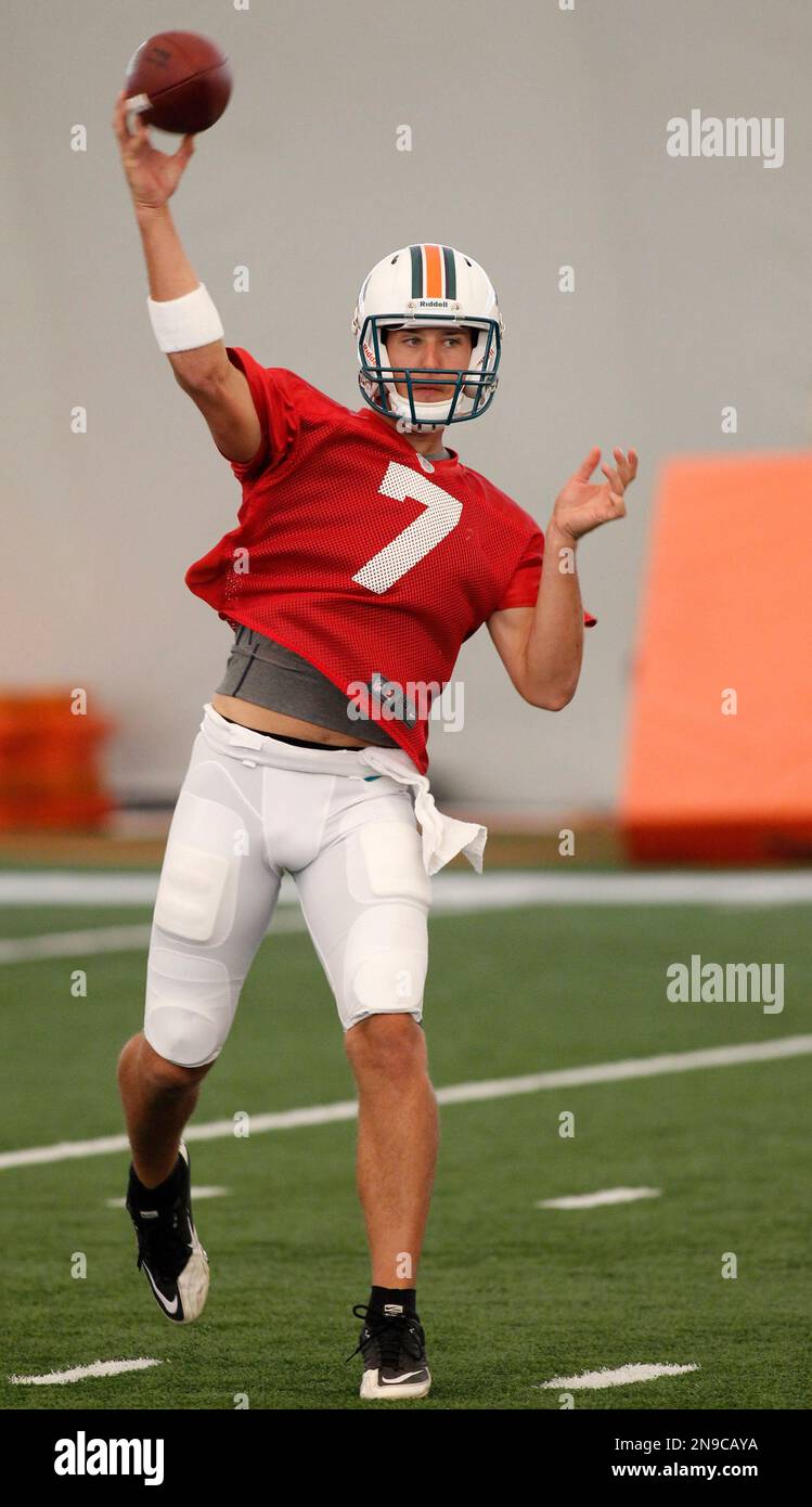 Miami Dolphins quarterback Pat Devlin practices during NFL football ...