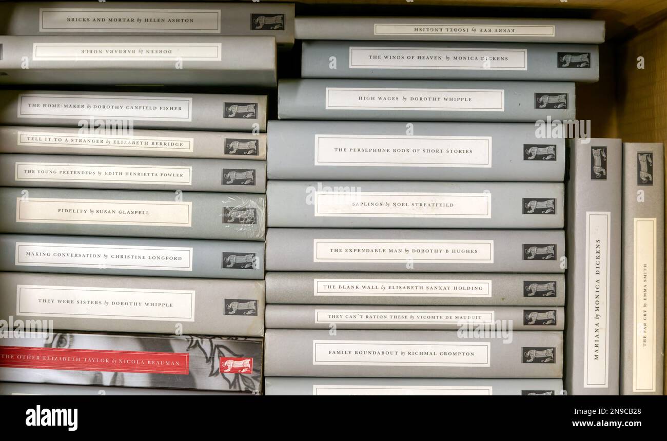 A collection of novels published by Persephone Books viewed from above ...