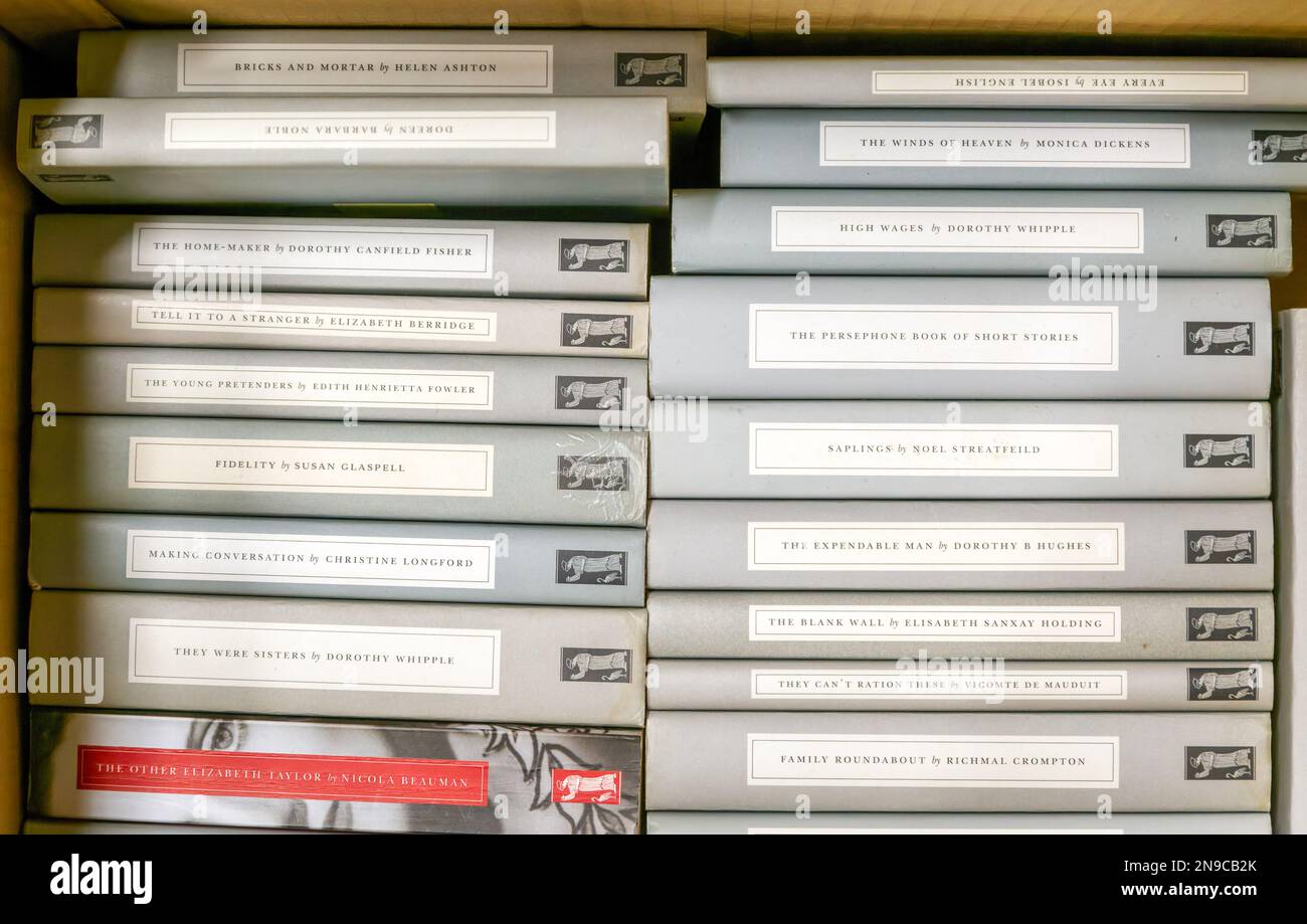 A collection of novels published by Persephone Books viewed from above ...