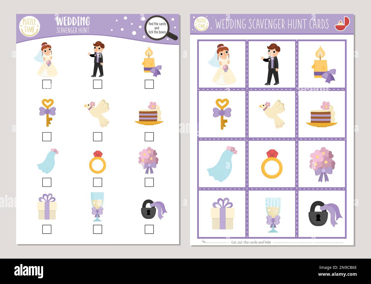 Vector wedding scavenger hunt cards set. Seek and find game with cute ...