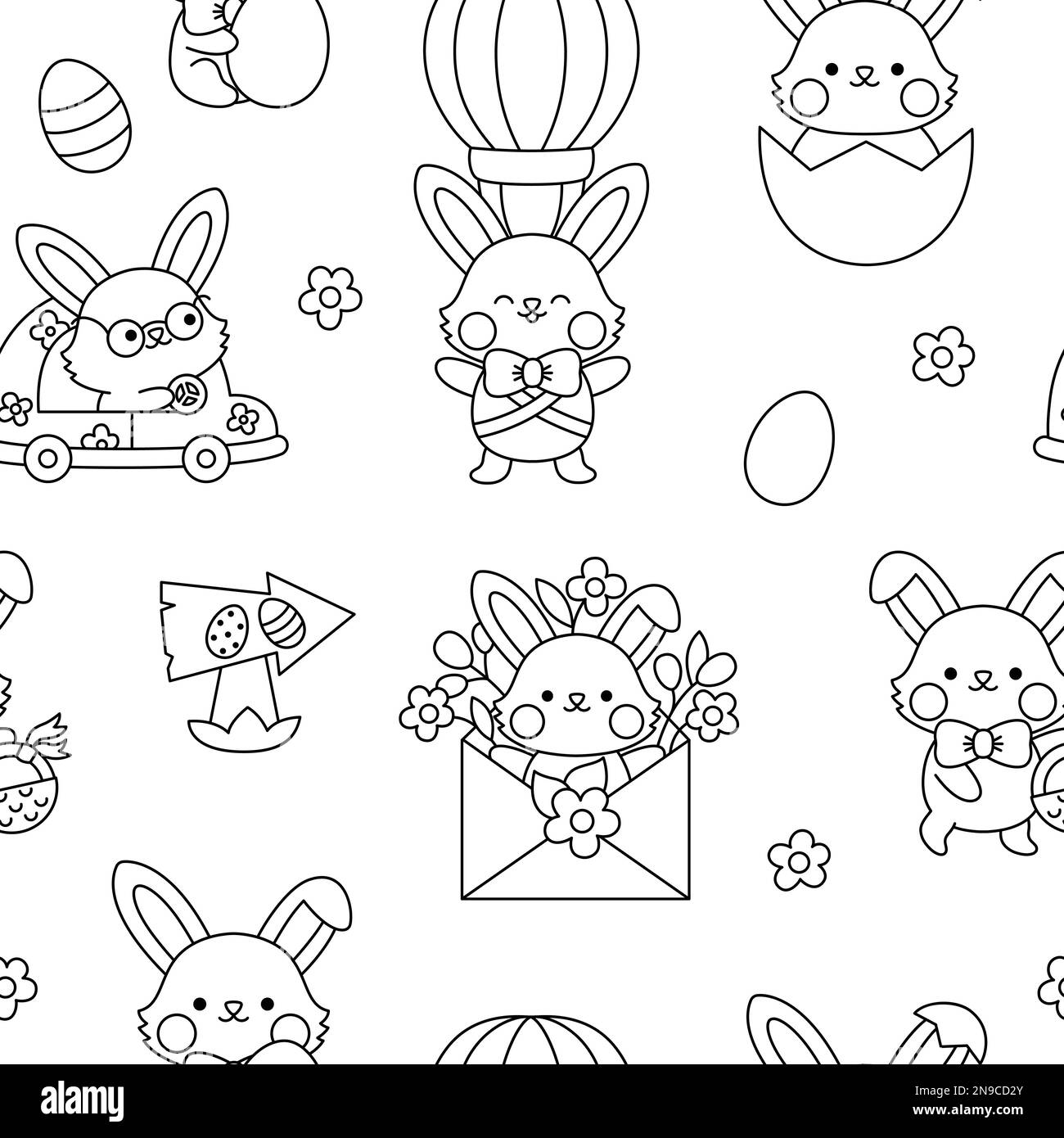 Vector black and white kawaii Easter seamless pattern for kids with ...