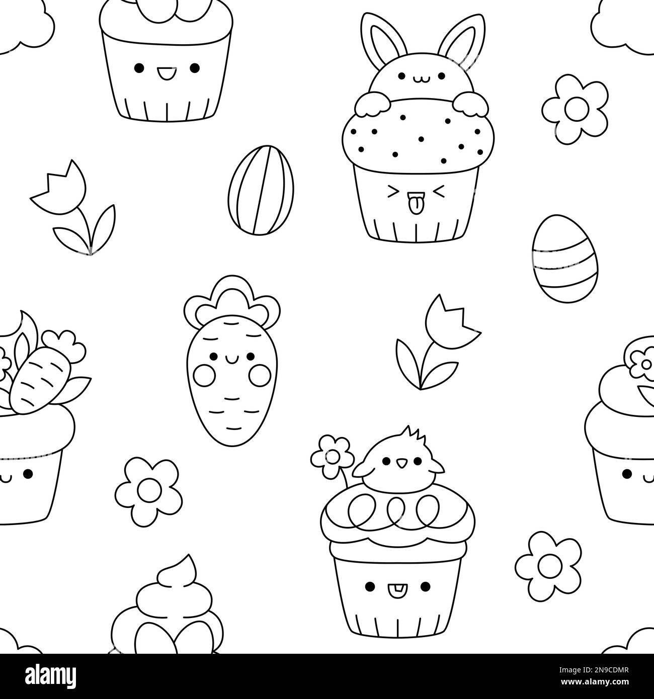 Vector black and white kawaii Easter seamless pattern for kids with ...