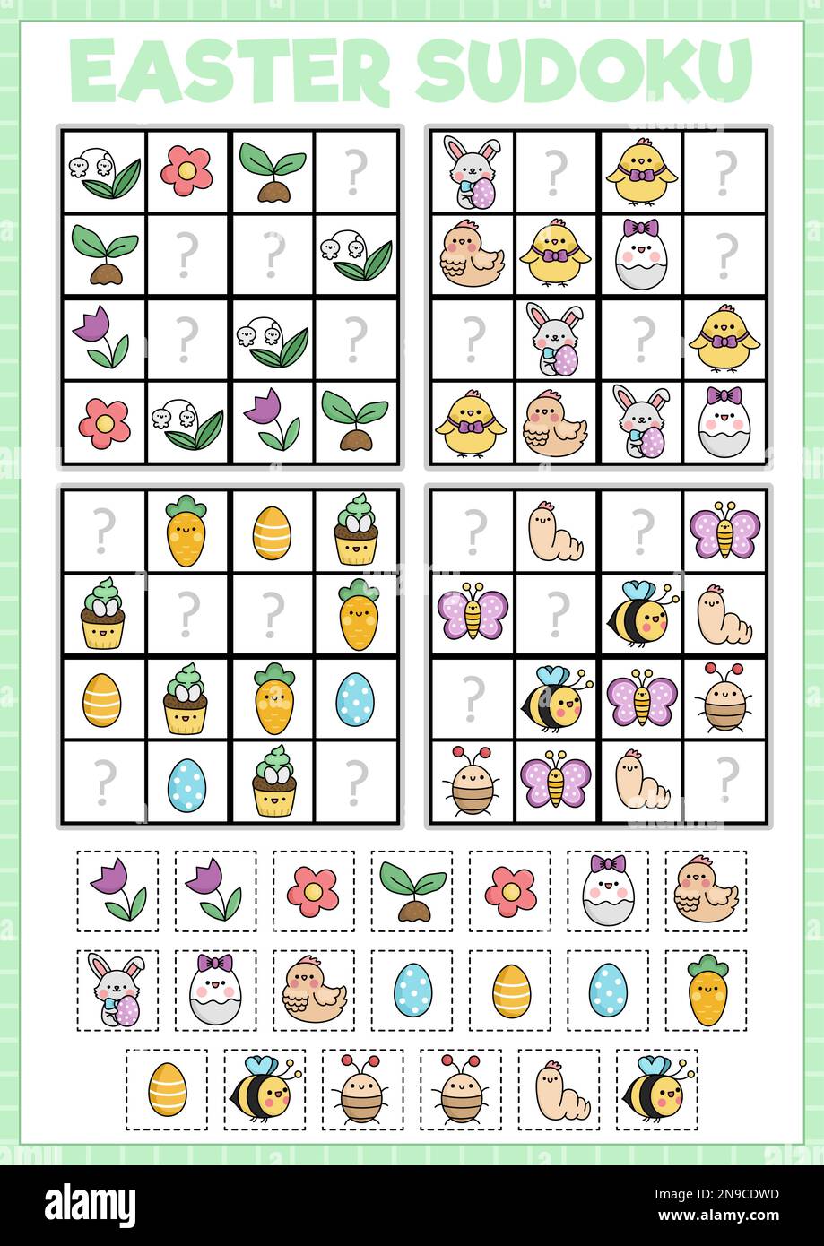 Vector kawaii Easter sudoku puzzle for kids with pictures. Simple ...