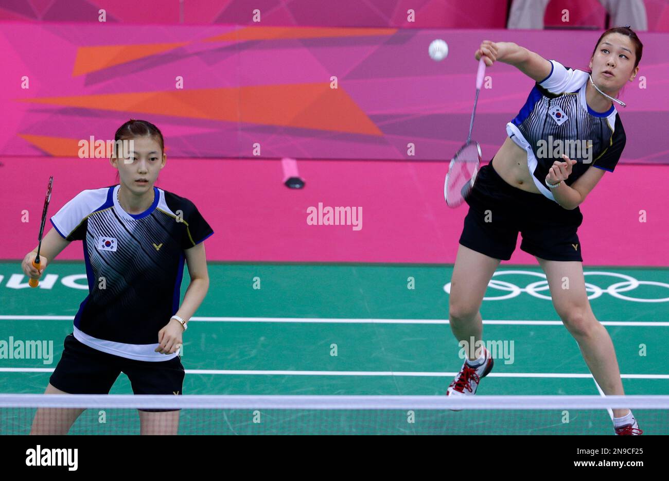 South Korea's Kim Ha-na, left, and Jung Kyung-eun, play against Canada ...