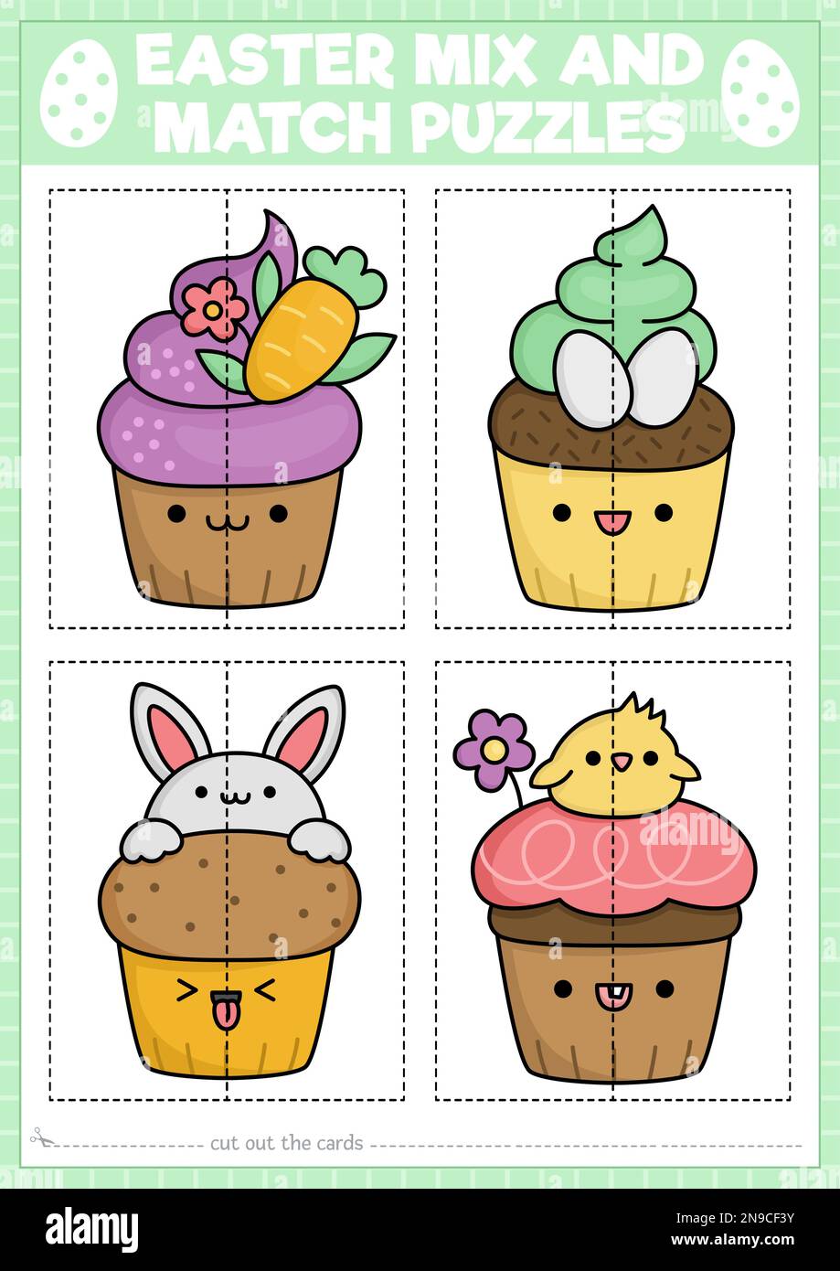 Vector Easter mix and match puzzle with cute kawaii cupcakes. Matching ...