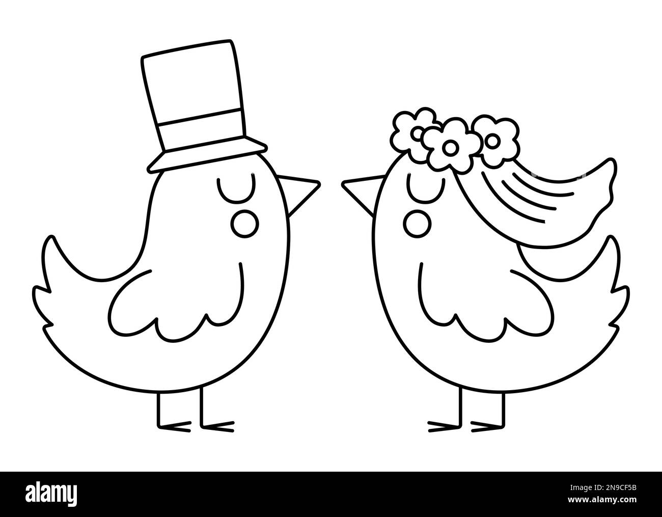 Vector black and white bride and groom birds in veil with flowers and ...