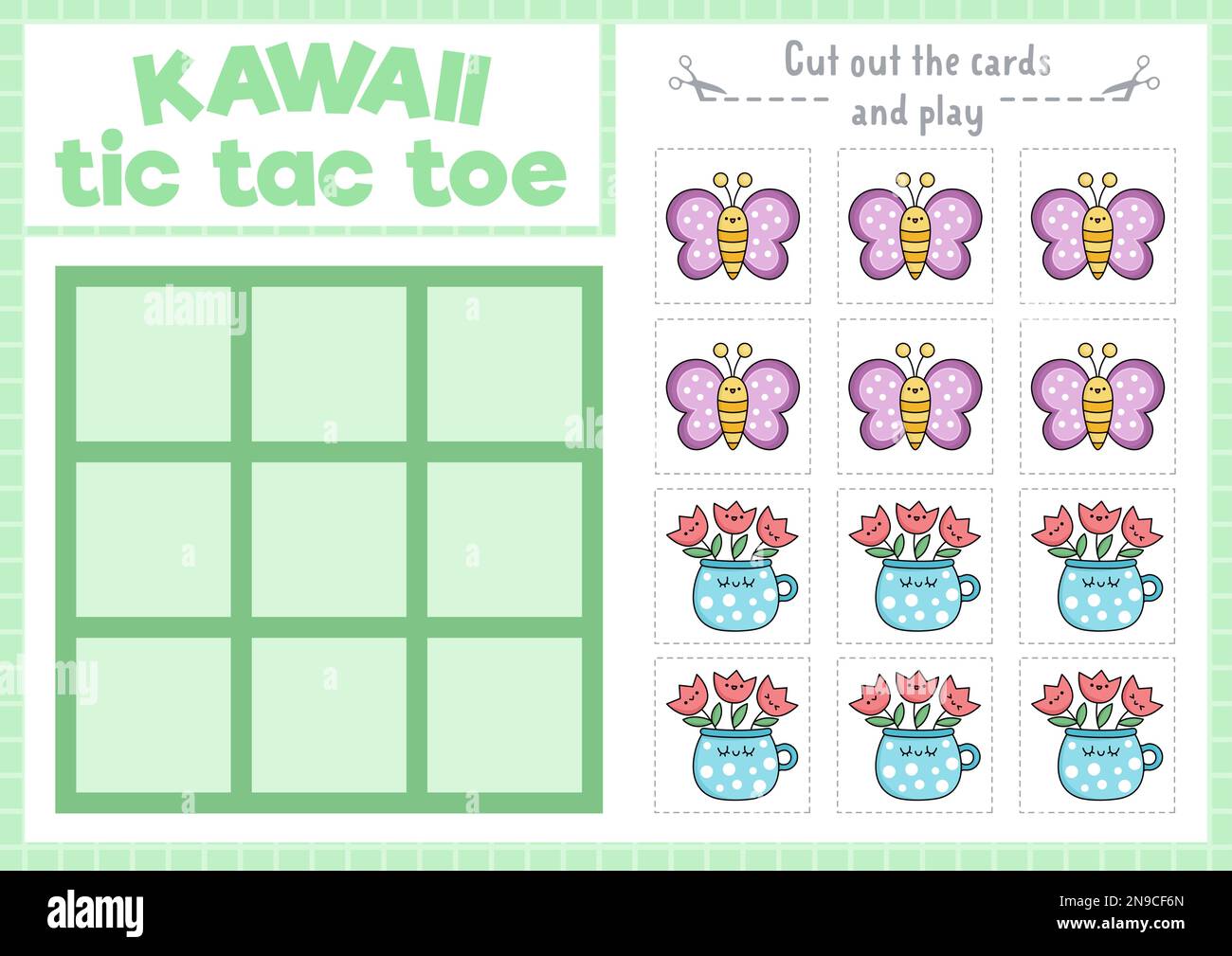 Vector garden tic tac toe chart with batterfly and tulips in pot ...