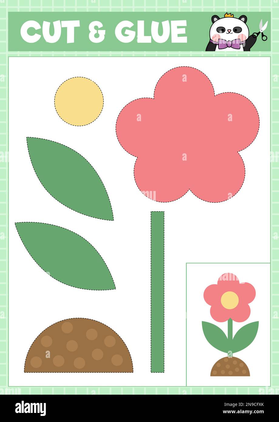 Vector spring cut and glue activity. Crafting game with cute cartoon ...