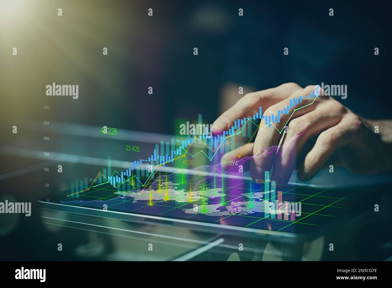 Business man working on new business strategy virtual tablet pad screen ...