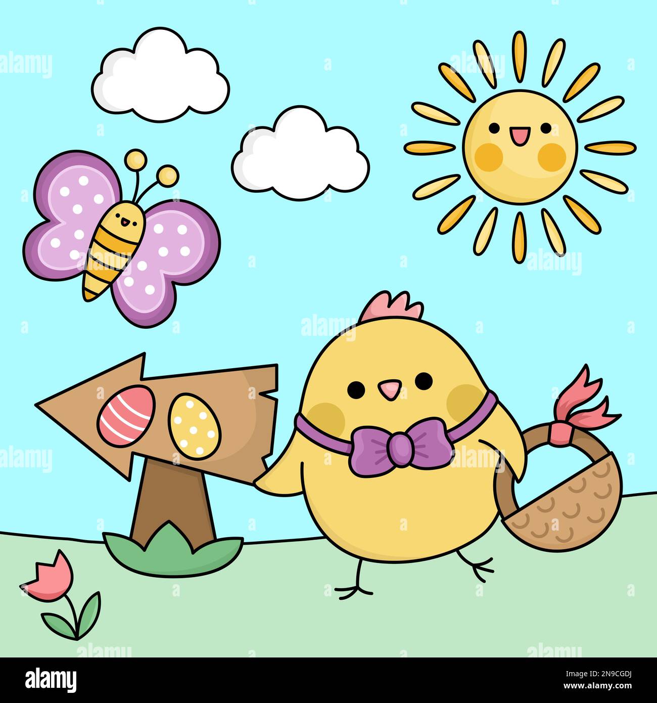 Vector kawaii Easter scene with chick and basket. Spring cartoon ...
