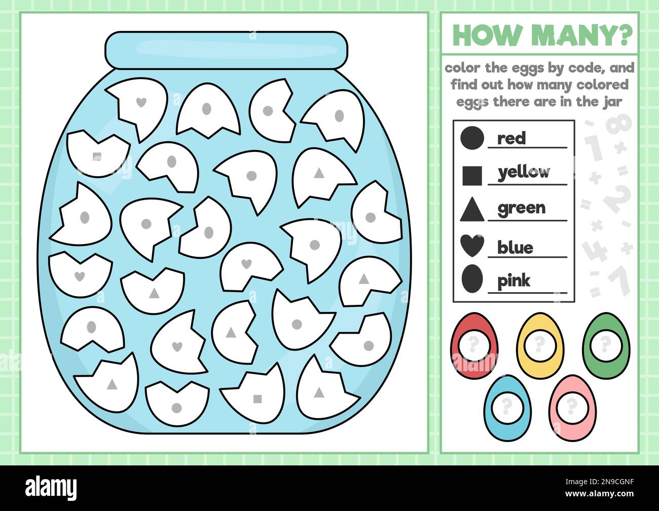 Vector Easter coloring and math puzzle with jar and eggs. Logical ...