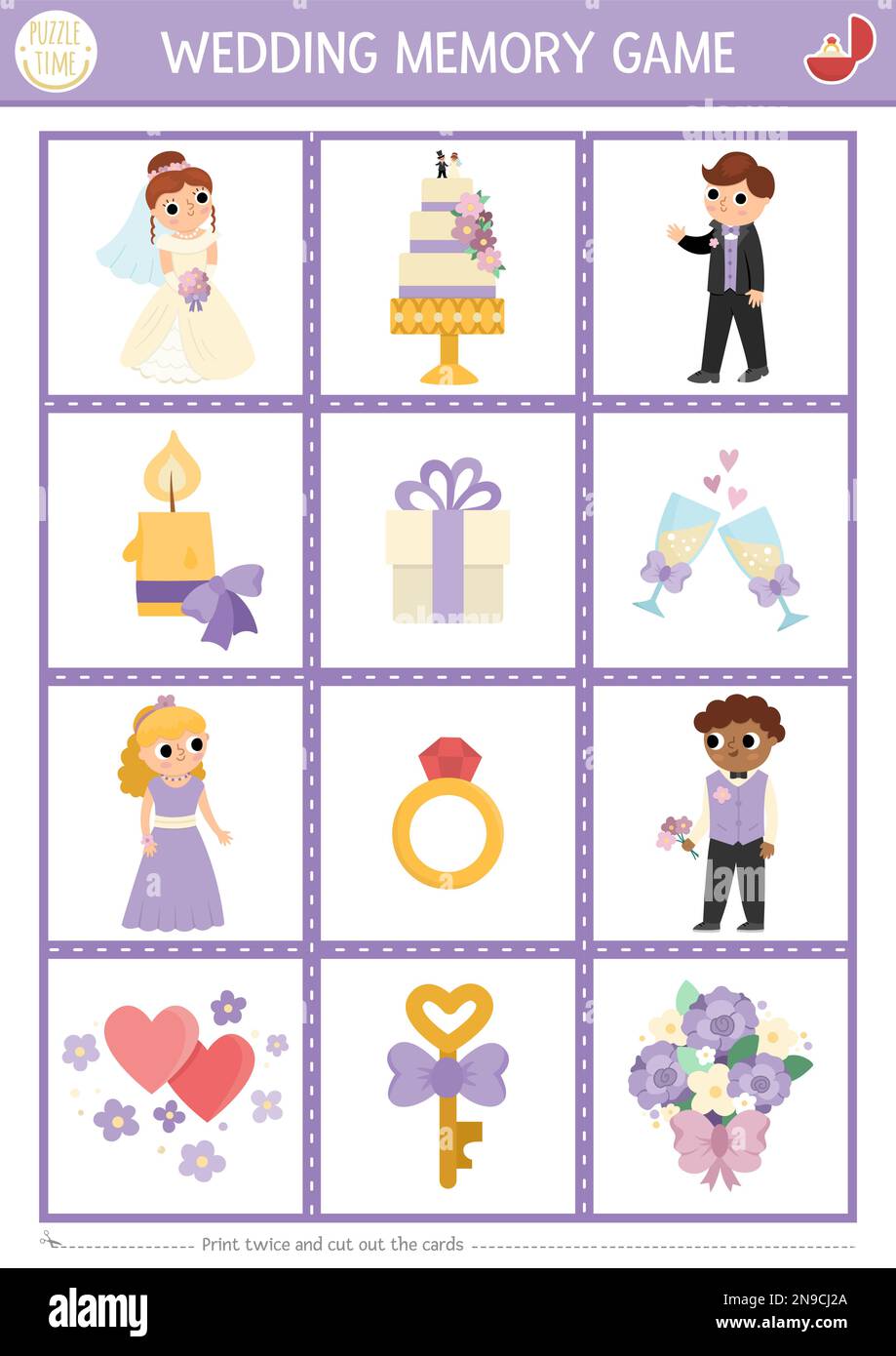 Vector wedding memory game cards with cute symbols. Marriage ceremony ...