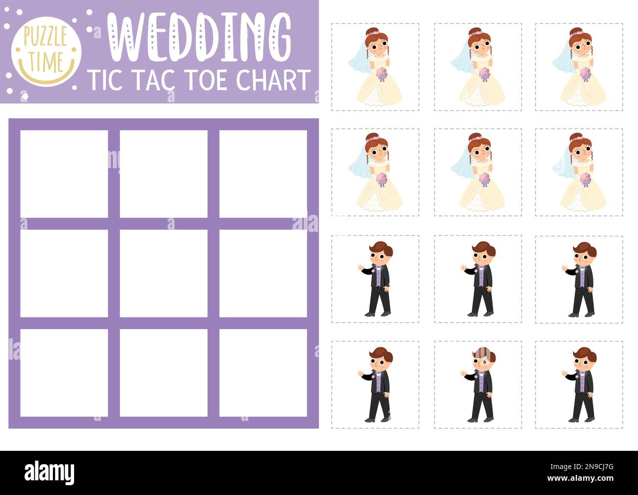 Vector wedding tic tac toe chart with bride and groom. Marriage ...