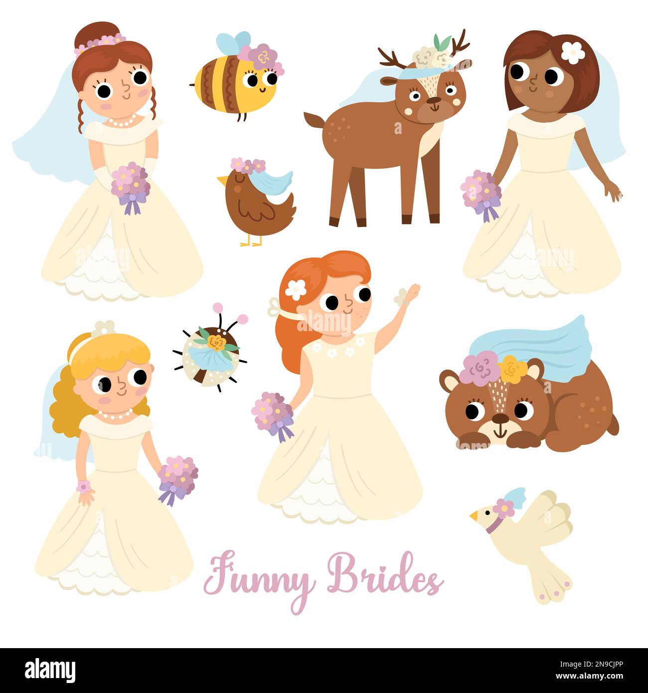 Vector brides set. Cute just married girls wearing white dresses, veils ...