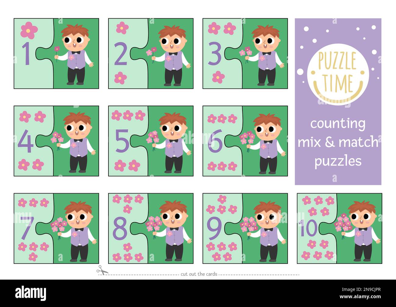 Vector wedding mix and match puzzle with cute flowers and boy with ...