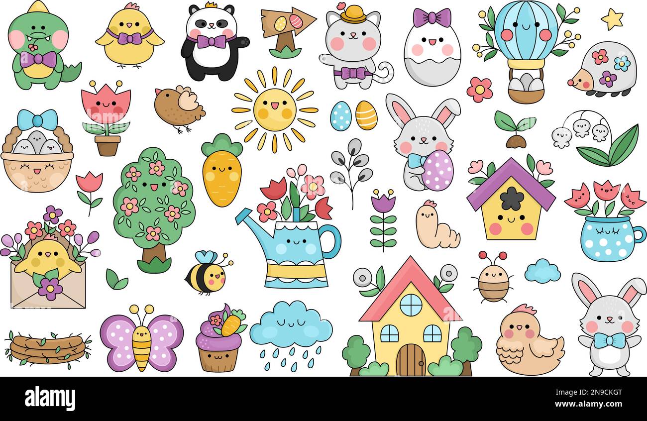 Vector kawaii Easter clipart set for kids. Cute cartoon characters set ...