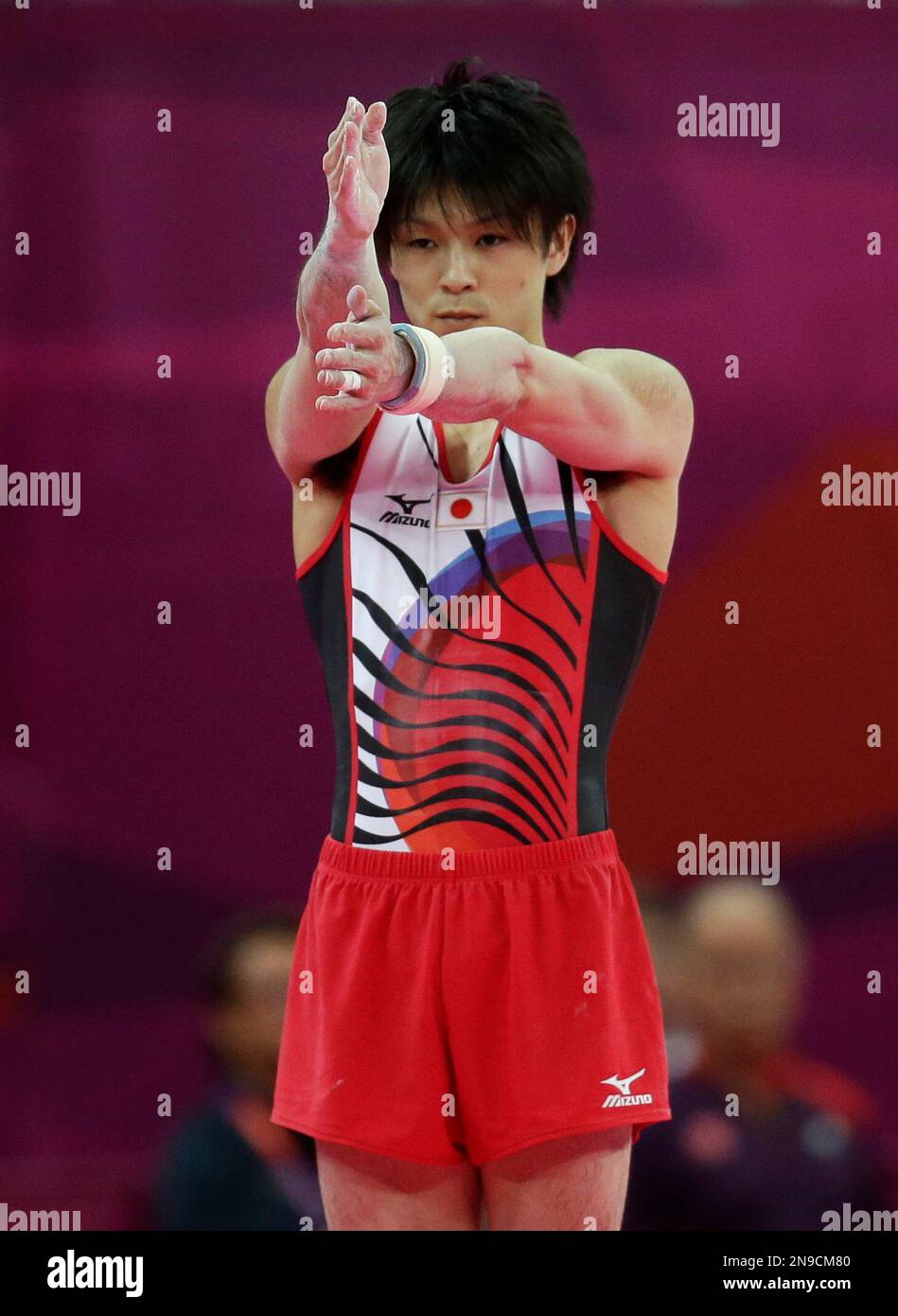 Japanese gymnast Kohei Uchimura measures his run prior to his vault exercise during the Artistic ...