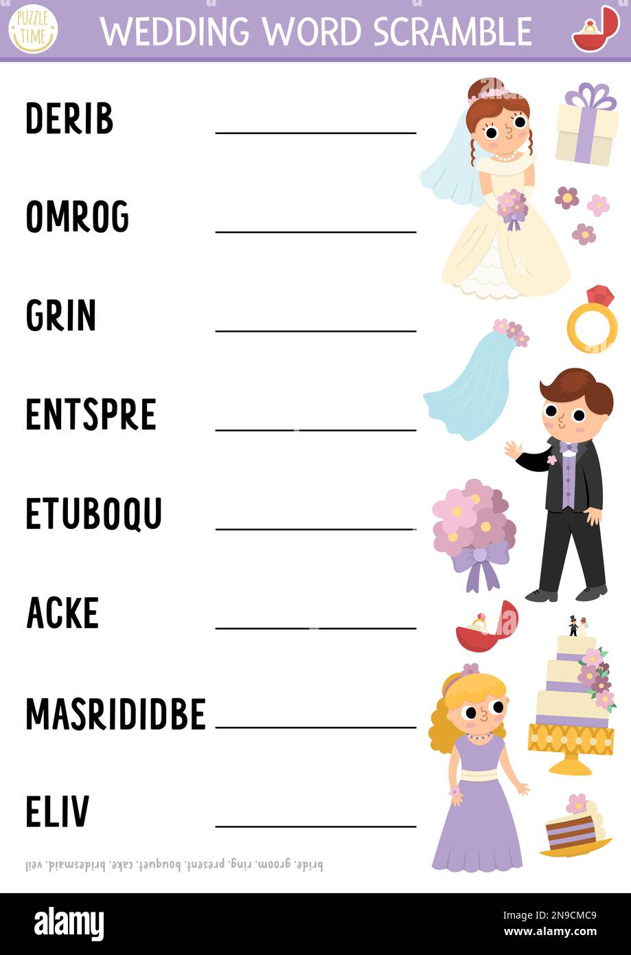 Vector wedding word scramble activity page. English language game with ...