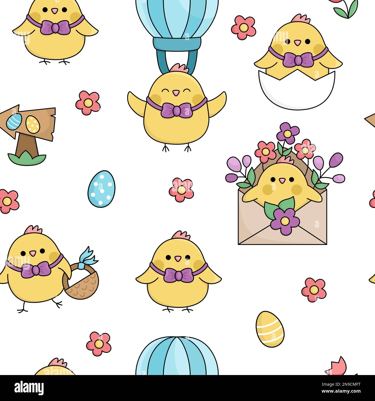 Vector kawaii Easter seamless pattern for kids with funny chicks. Cute cartoon repeat background ...