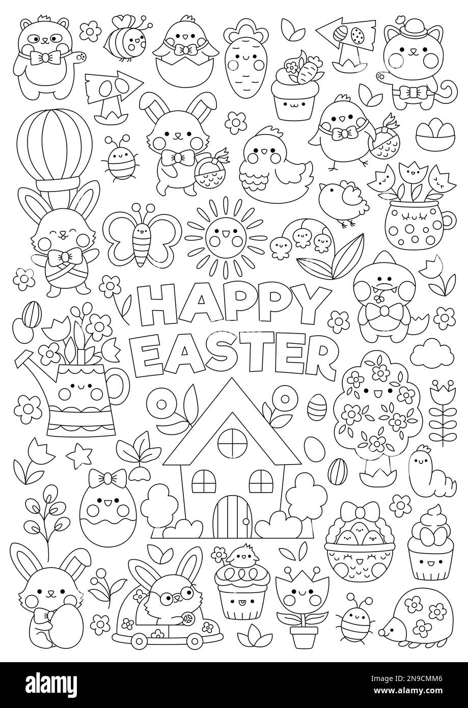 Vector Easter vertical line coloring page for kids with cute kawaii ...