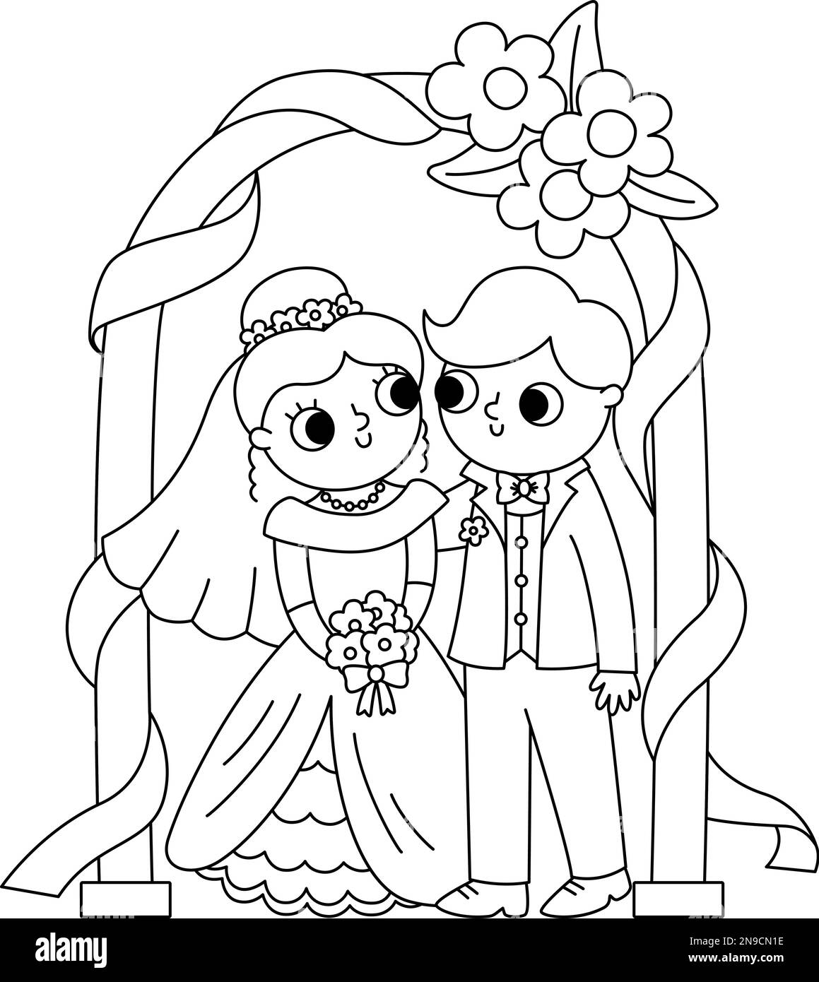 Vector Black And White Illustration With Bride And Groom Cute Just
