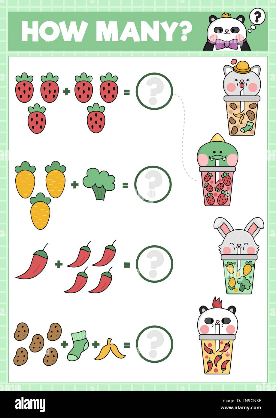 Matching game with cute kawaii fruit, vegetables drinks. Math activity ...