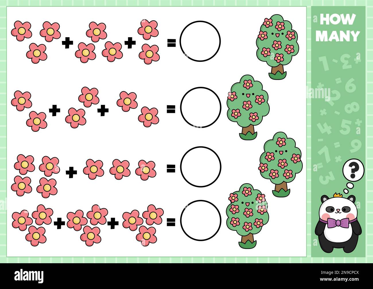 Spring matching game with cute kawaii blossoming trees. Garden math ...