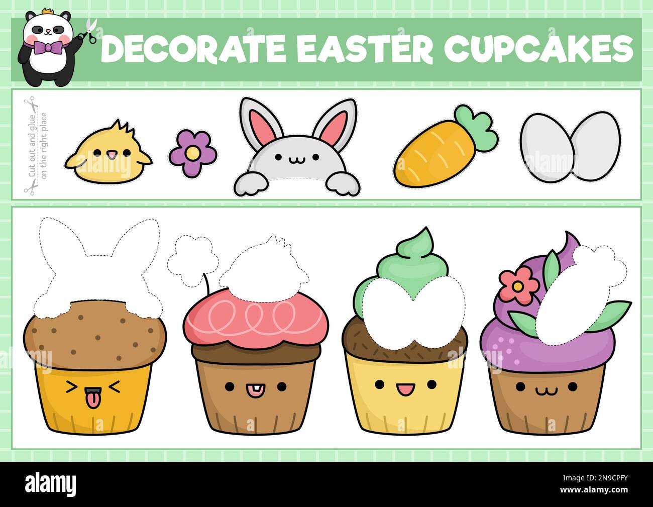 Vector Easter cut and glue activity. Crafting game with cute kawaii cup ...