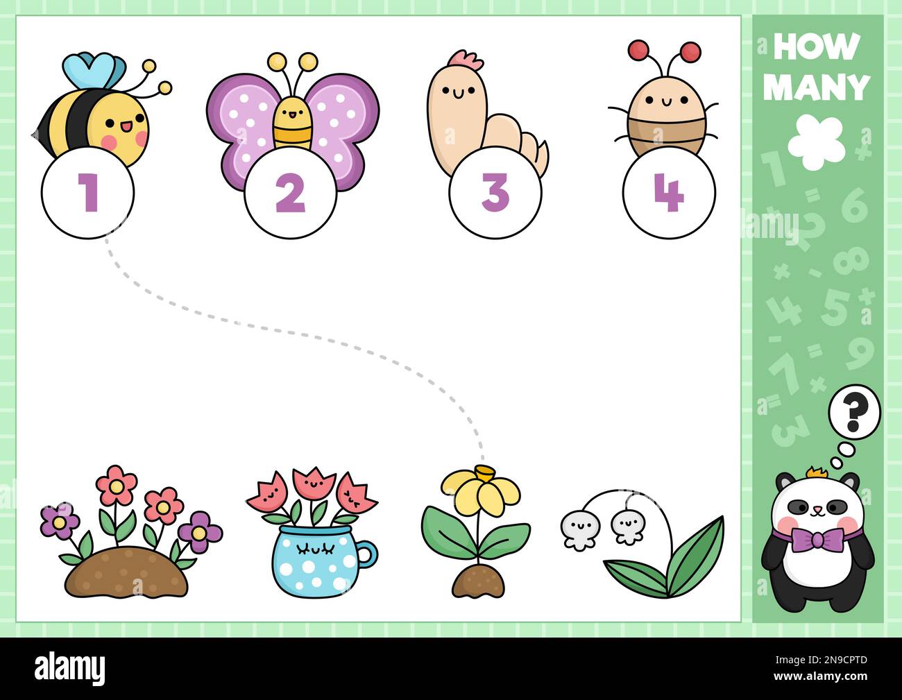 Spring matching game with cute kawaii flowers and insects. Elementary ...