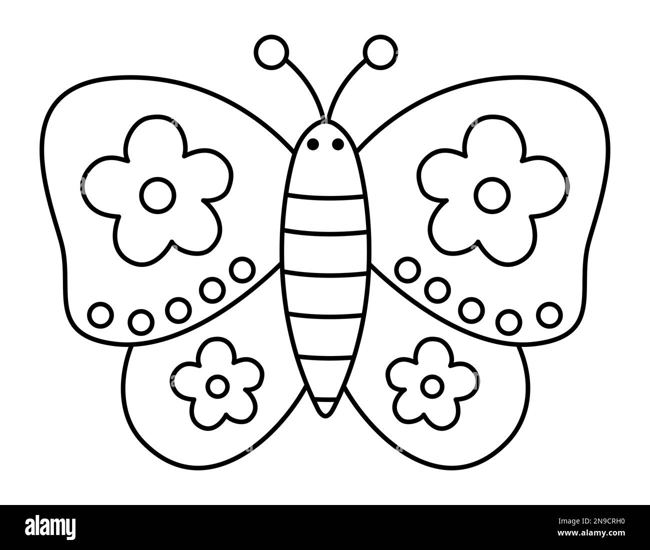 Vector black and white cute decorated butterfly with flowers. Cute line ...