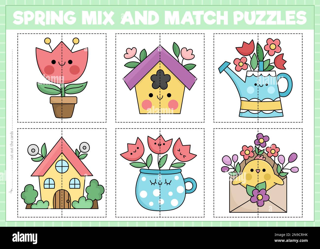 Vector farm or garden mix and match puzzle with cute kawaii characters. Matching spring activity ...