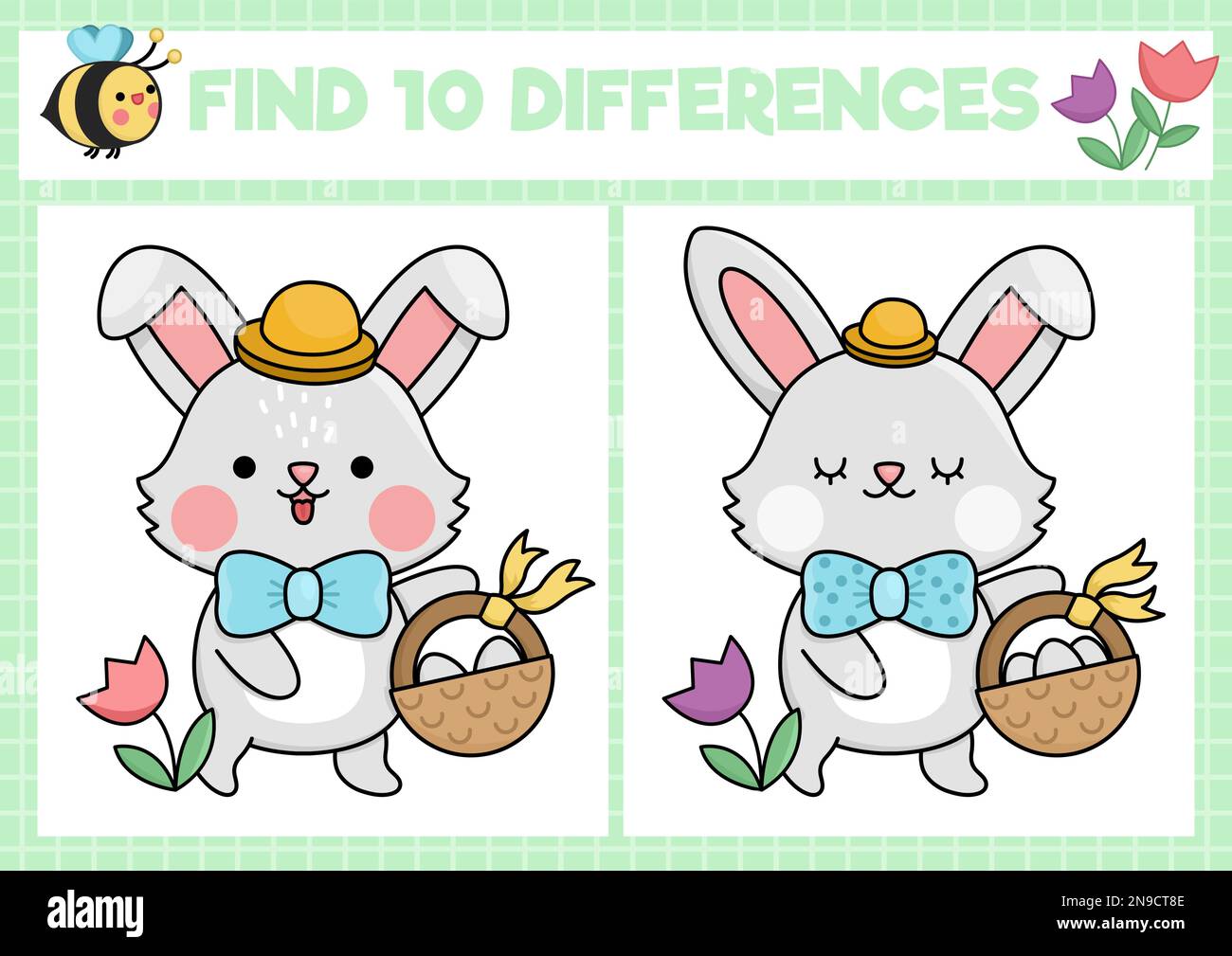 Easter kawaii find differences game for children. Attention skills activity with cute bunny ...