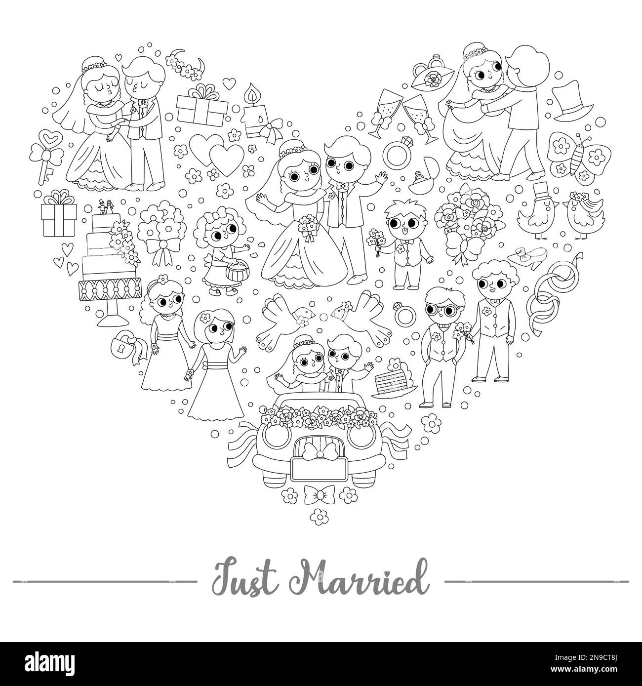 Vector black and white wedding heart shaped frame with just married ...