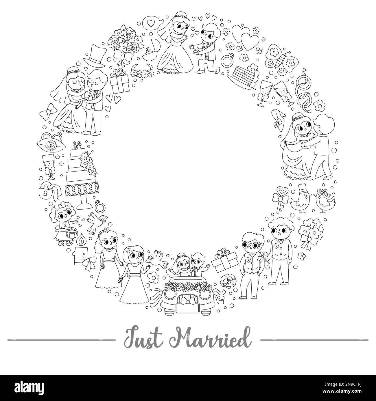 Vector black and white wedding round frame with just married couple ...