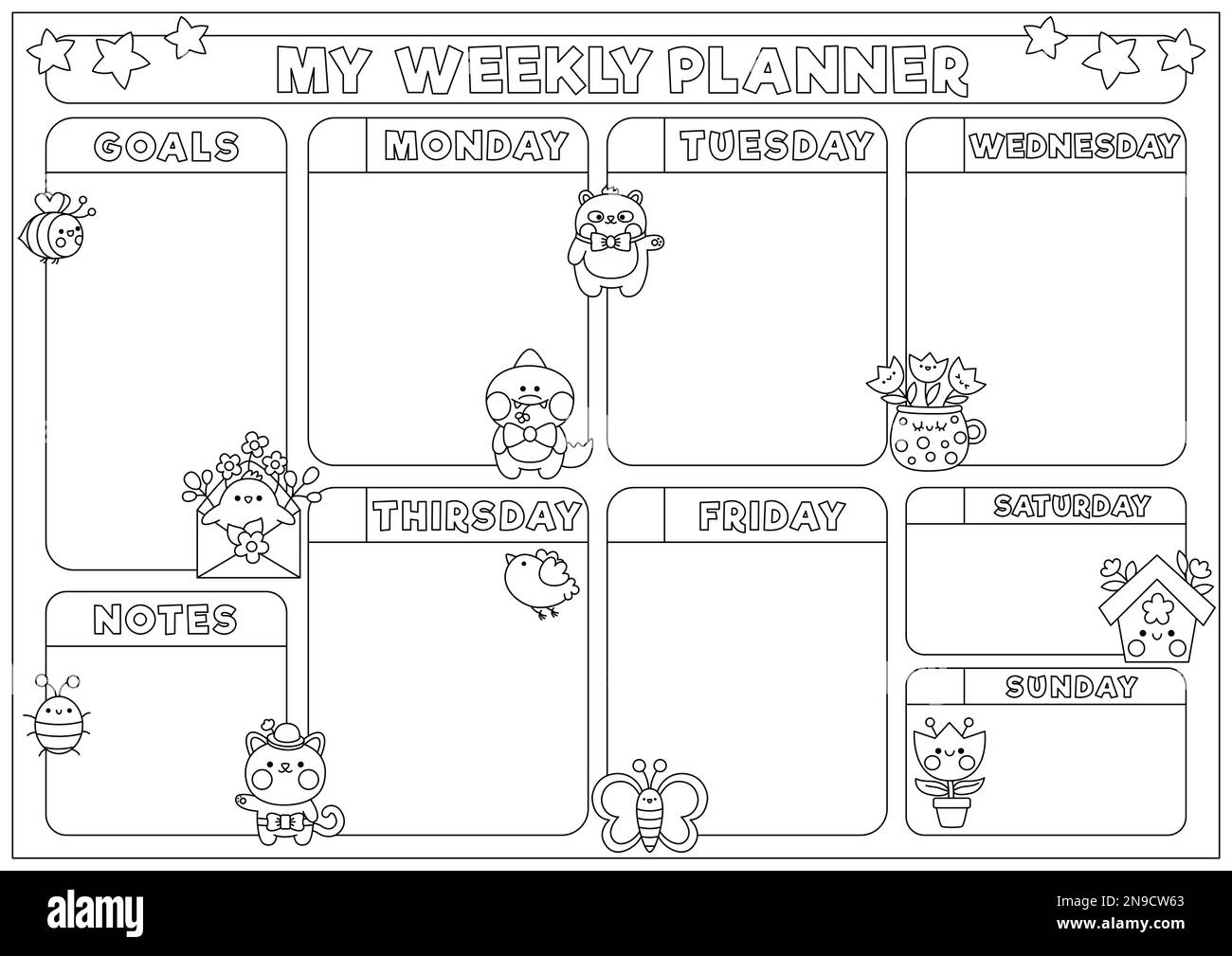 Vector black and white spring weekly planner with traditional symbols ...