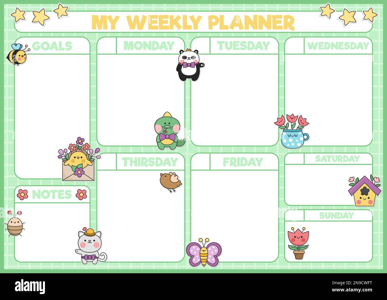 Vector spring weekly planner with traditional symbols. Cute garden ...