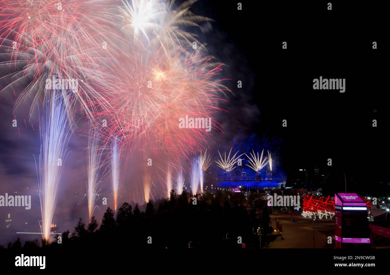 Fireworks illuminate the sky over the Olympic Stadium during the ...