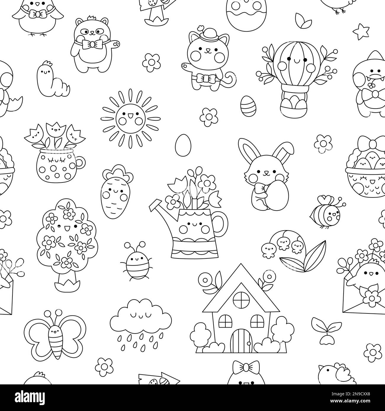 Vector black and white kawaii Easter seamless pattern for kids. Cute ...