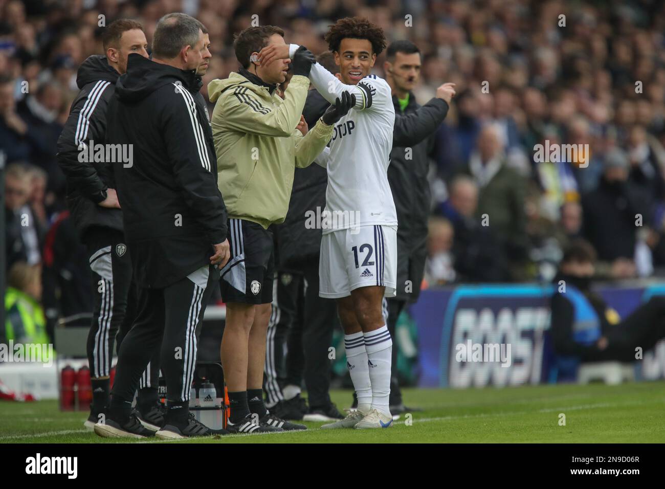 Tyler Adams #12 of Leeds United receives medical treatment during the ...