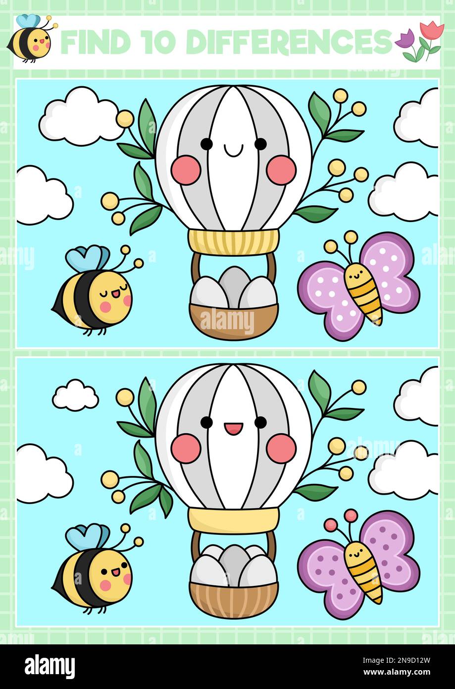 Easter kawaii find differences game for children. Attention skills activity with cute hot air ...