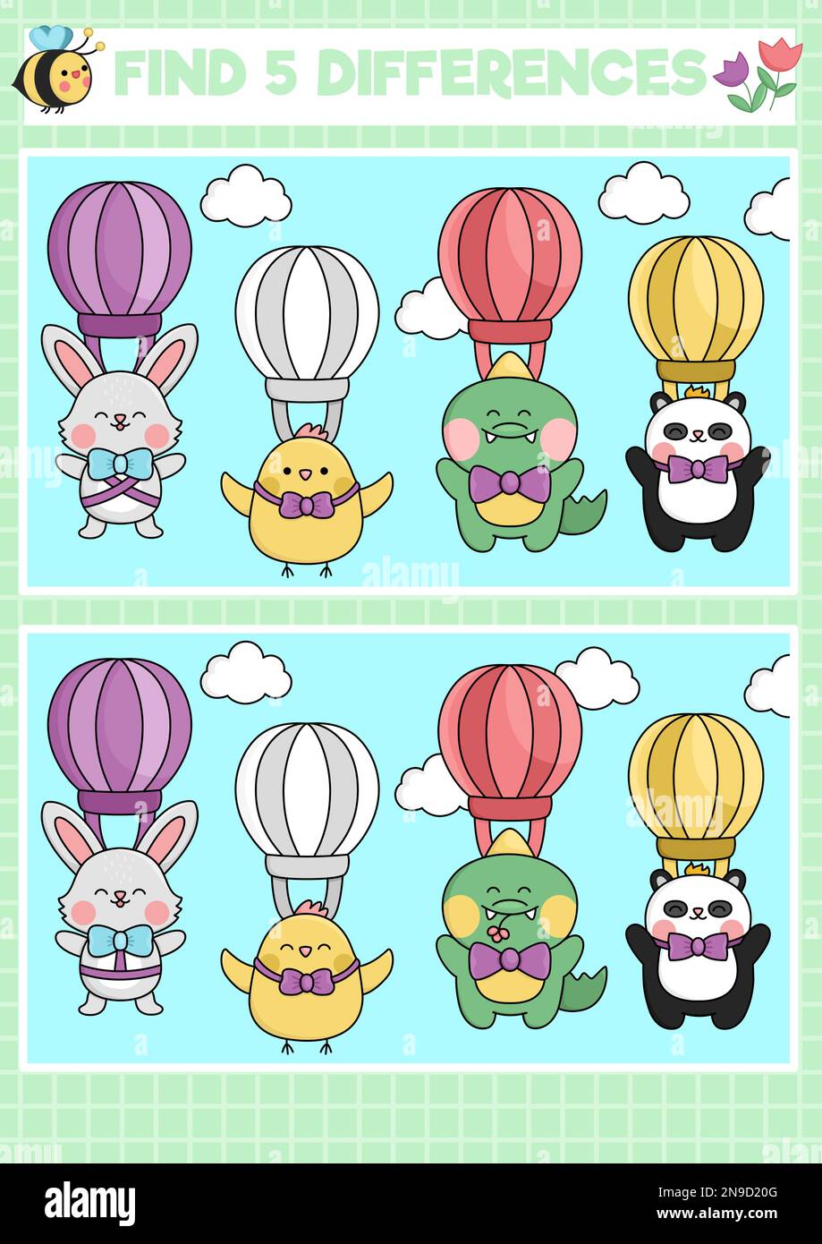 Easter kawaii find differences game for children. Attention skills activity with cute hot air ...