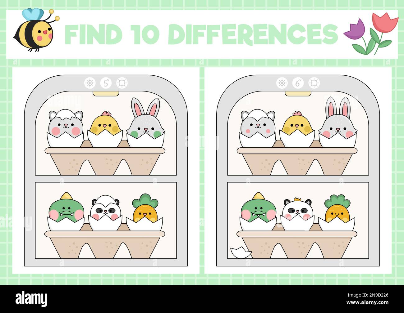 Easter kawaii find differences game for children. Attention skills activity with cute hatching ...